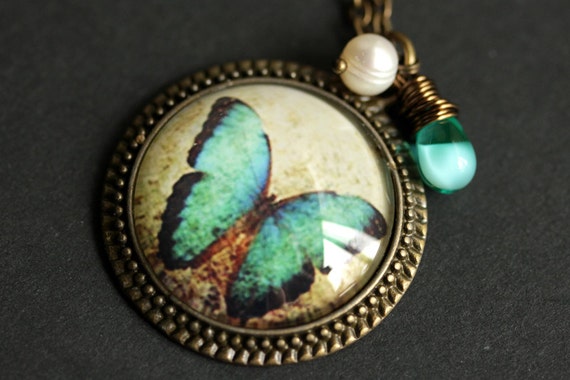 Turquoise Butterfly Necklace. Butterfly Pendant With Turquoise Teardrop and Fresh Water Pearl. Bronze Necklace. Turquoise Necklace. Etsy Canada
