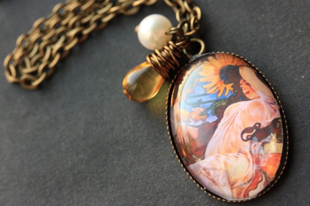 Alphonse Mucha Necklace. Summer Pendant With Honey Teardrop and Pearl ...