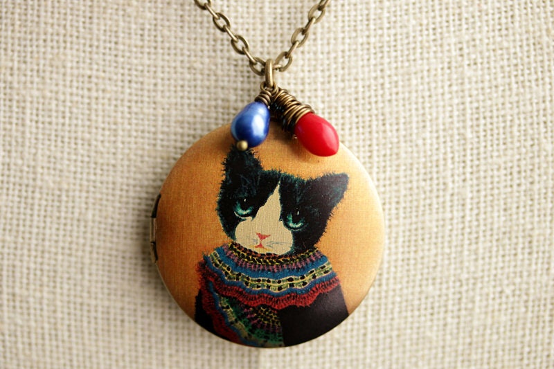 Winter Cat Locket Necklace. Tuxedo Cat Necklace With Red Coral | Etsy
