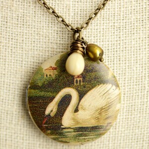 White Swan Locket Necklace. Swan Necklace With Beige Teardrop and Fresh ...