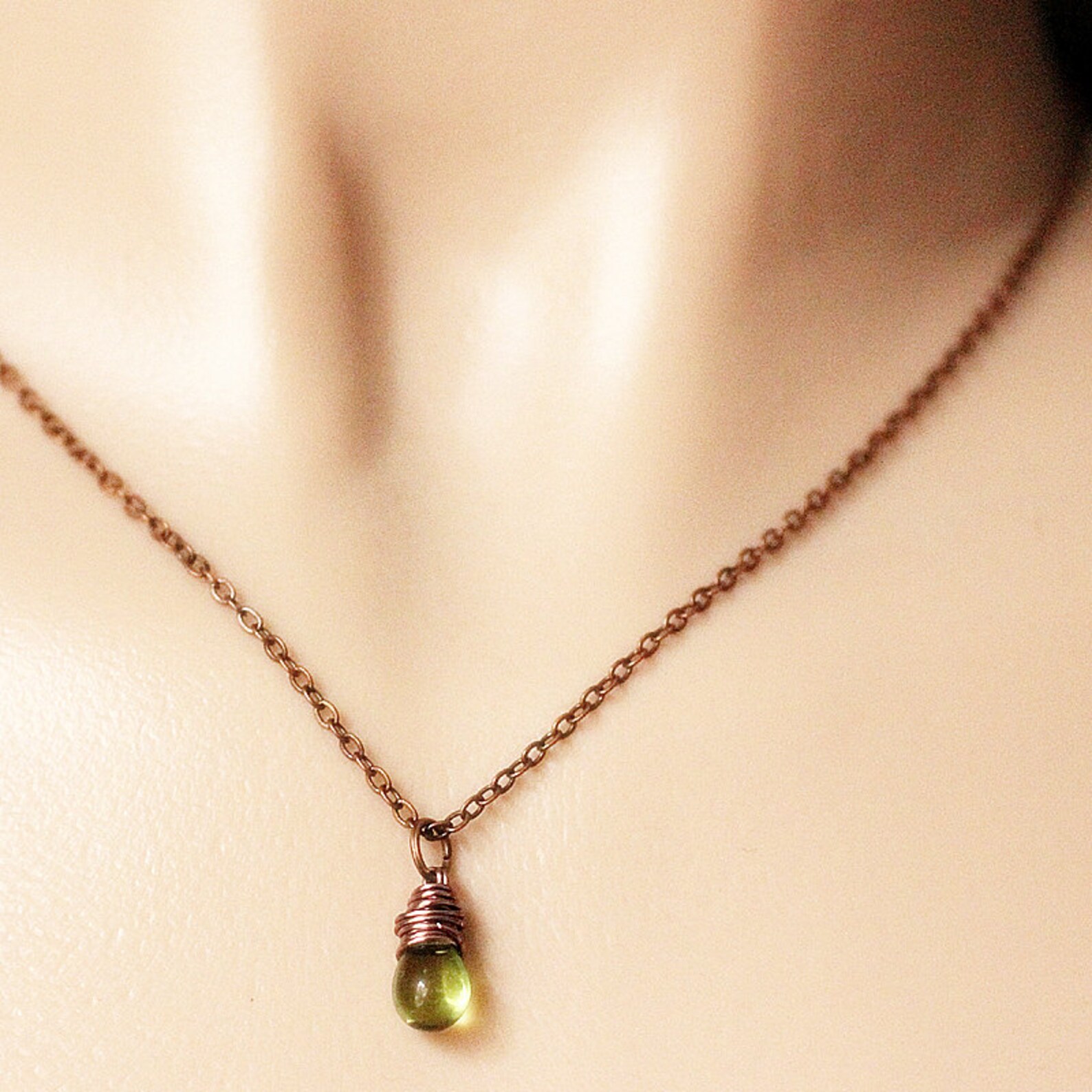 Green Necklace. Wire Wrapped Copper Teardrop Necklace. Solitaire ...