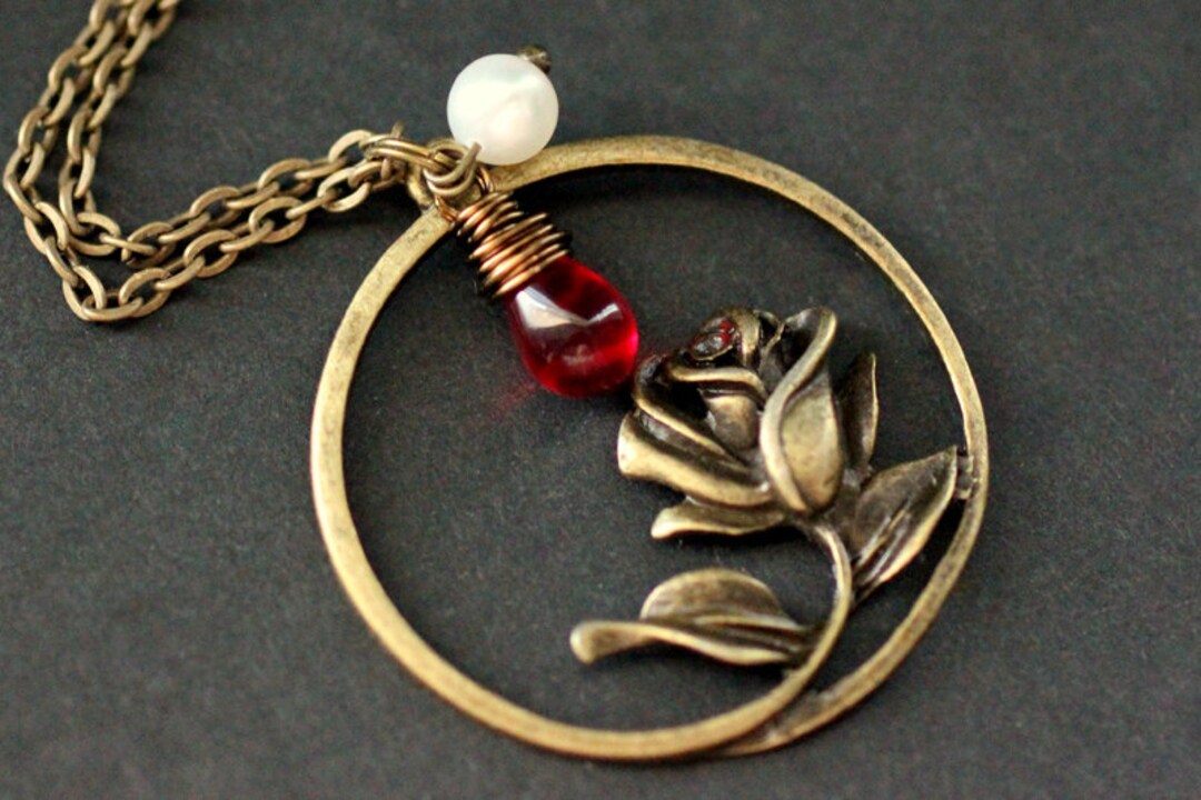 Red Rose Necklace. Bronze Rose Charm Necklace With Red Teardrop and ...