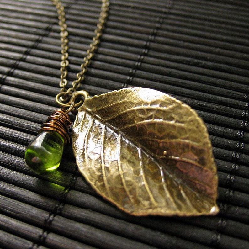 Leaf Necklace. Bronze Leaf Pendant With Wire Wrapped Green Teardrop ...