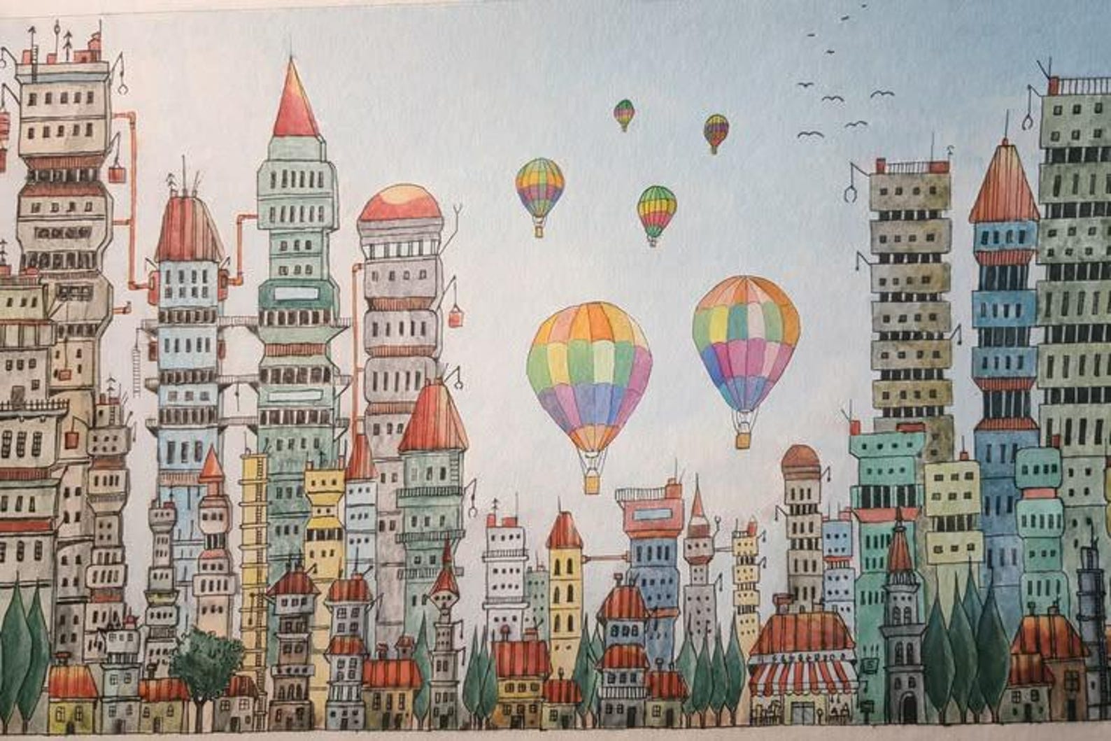 Original Large Whimsical Cityscape Watercolor Painting, Detailed ...