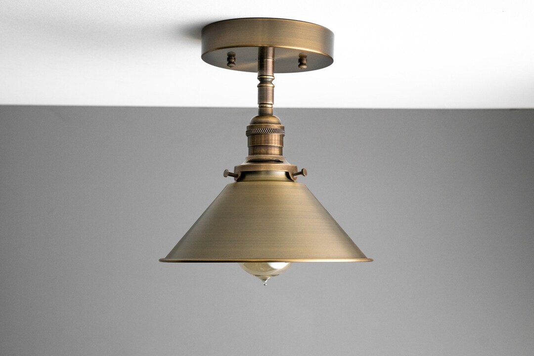 Antique Brass Ceiling Light - Industrial Metal Shade - Farmhouse ...