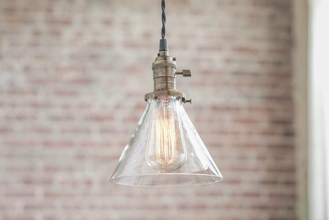7 Inch Clear Glass Cone Shade - Hanging Pendant Light - Industrial ...