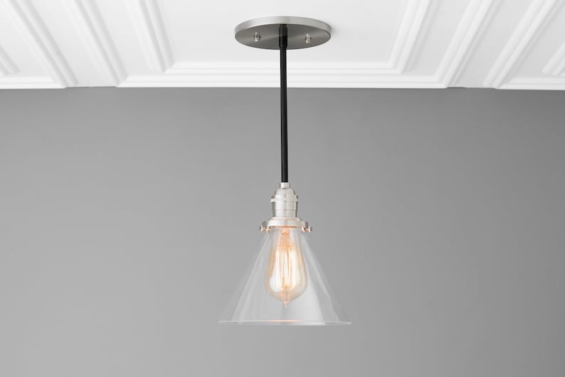 Glass Shade - Drop Ceiling Light - Industrial Lighting - Silver Pendant ...