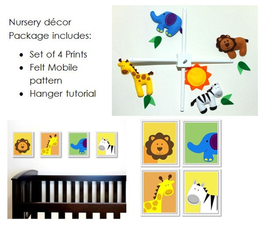 Jungle Safari Nursery Decor Package: Includes Felt Baby Mobile Pattern ...