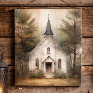 Rustic White Church Print: Vintage Christian Wall Decor (4x5, 5x7, 8x10 ...