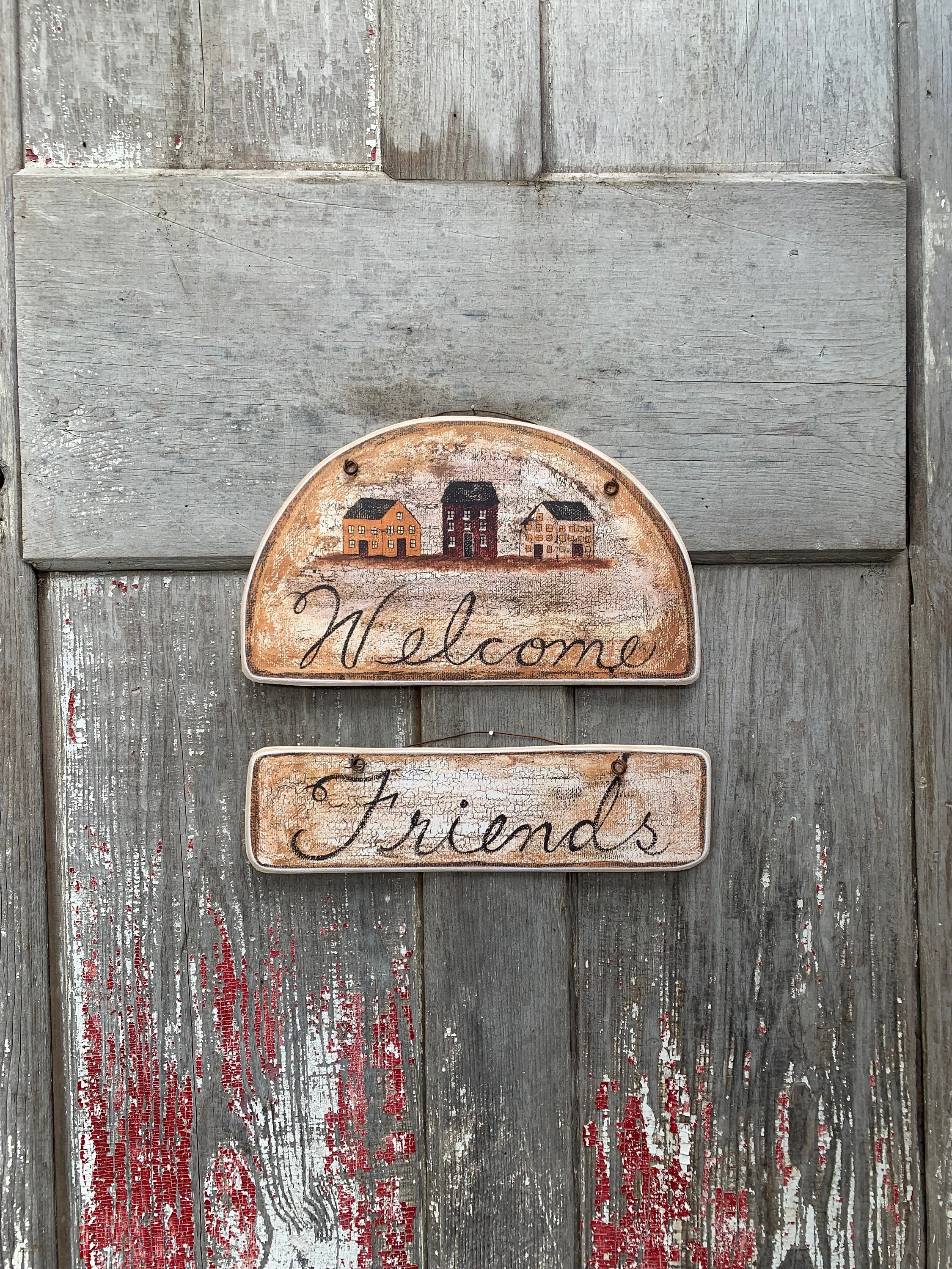 Welcome Friends Sign Set: Crackled Wood, Rustic Home Decor - Etsy