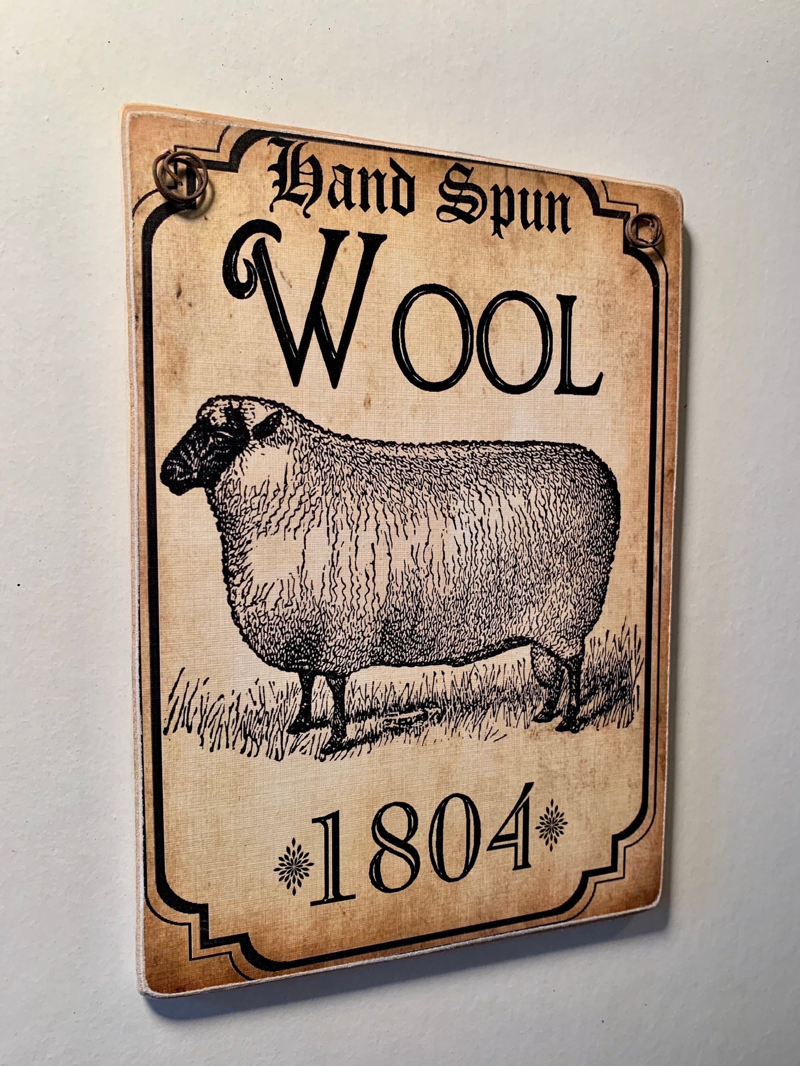 Primitive Sheep Art Print on Wood: Hand Spun Wool Decor (5x7 or 8x10 ...
