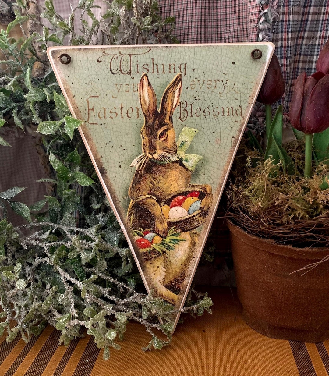 Vintage Easter Pennant: Primitive Bunny Art on Wood - Etsy