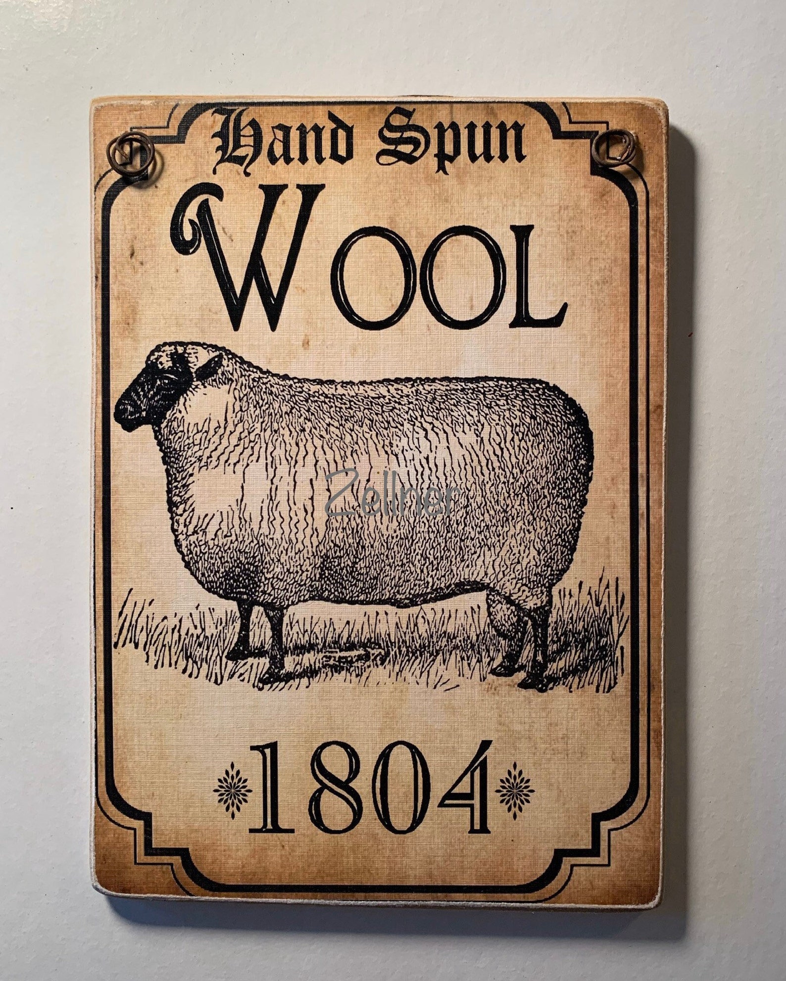 Primitive Sheep Art Print on Wood: Hand Spun Wool Decor (5x7 or 8x10 ...