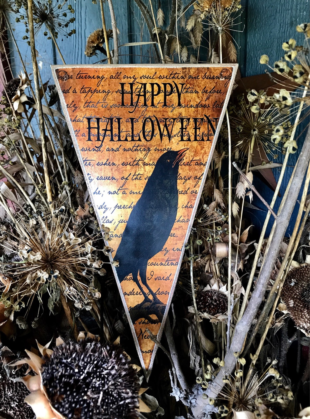 Primitive Halloween Crow Pennant / Handmade / Art Adhered to Wood ...