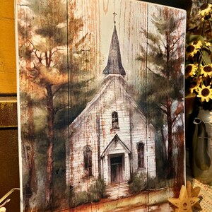 Rustic White Church Print: Vintage Christian Wall Decor (4x5, 5x7, 8x10 ...