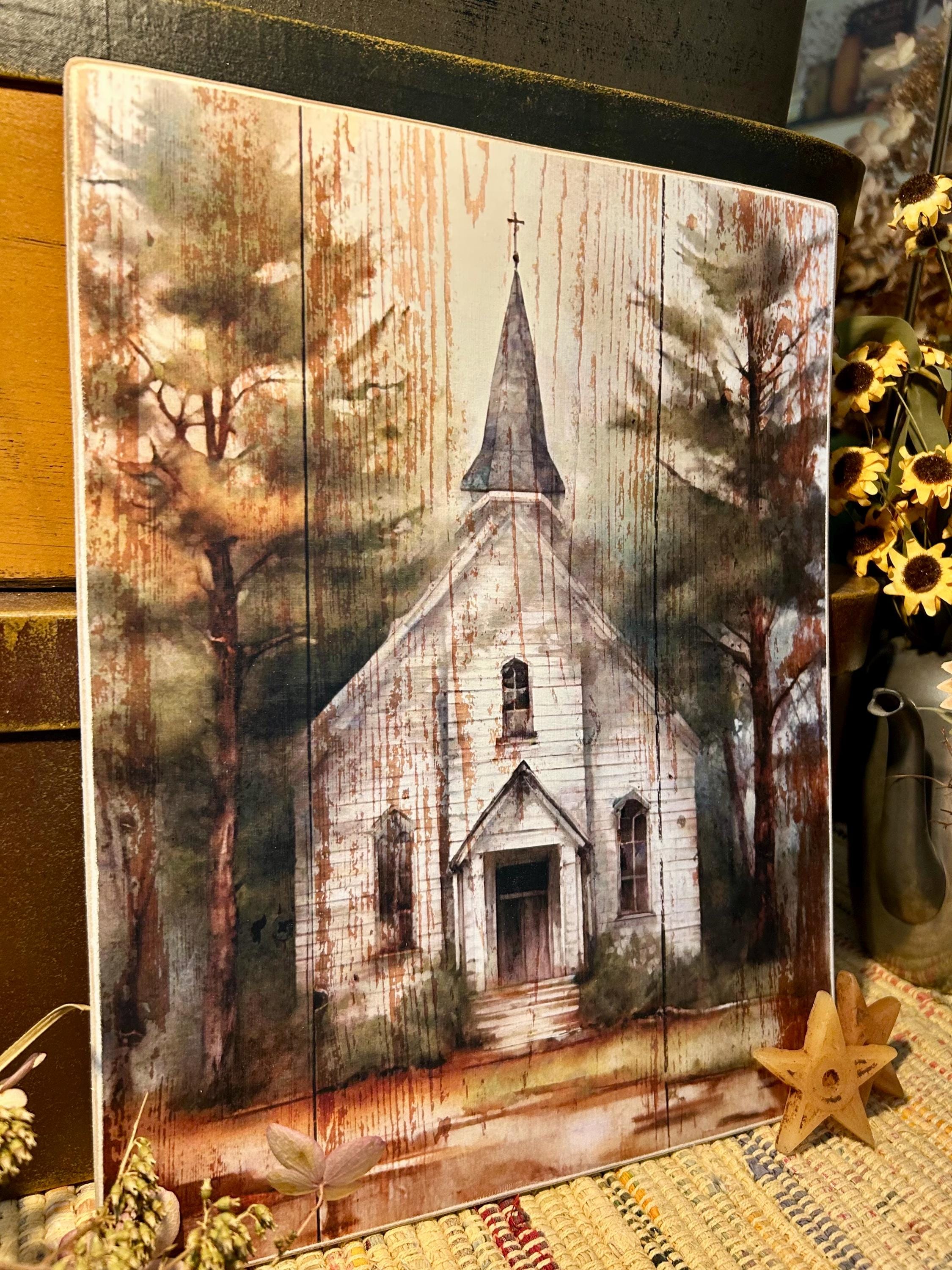 Rustic White Church Print: Vintage Christian Wall Decor (4x5, 5x7, 8x10 ...