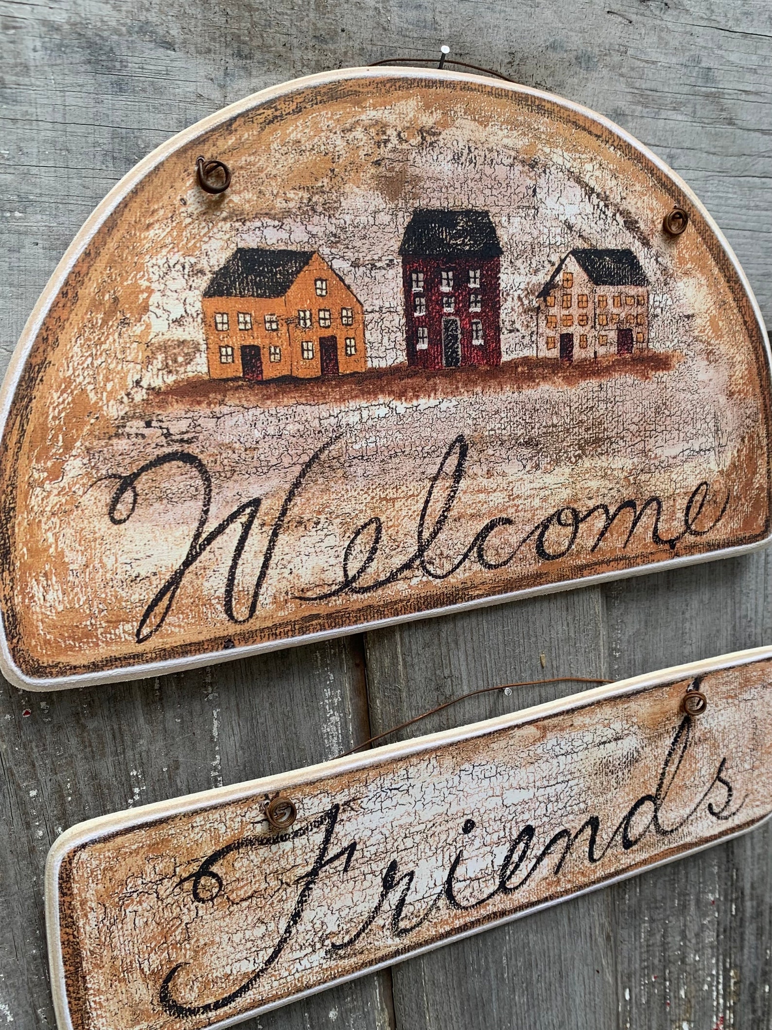 Welcome Friends Sign Set: Crackled Wood, Rustic Home Decor - Etsy