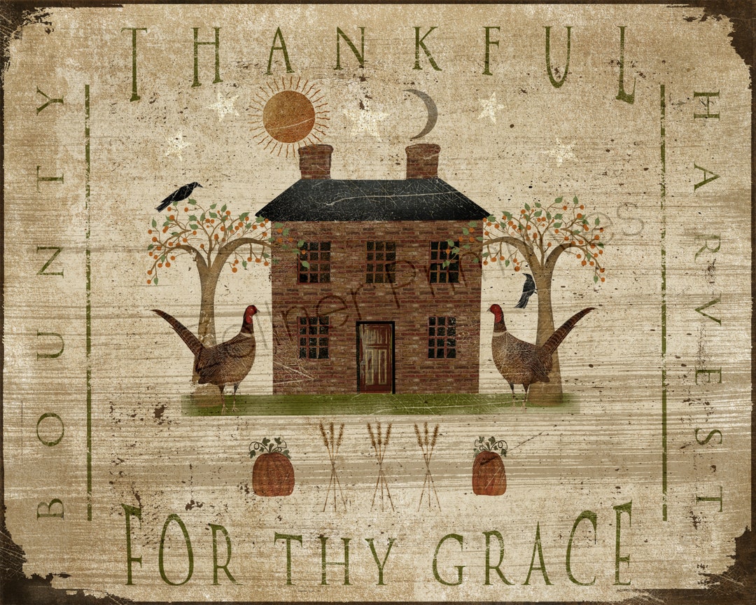 Primitive Harvest Art Print: Thankful for Thy Grace, Farmhouse Decor - Etsy