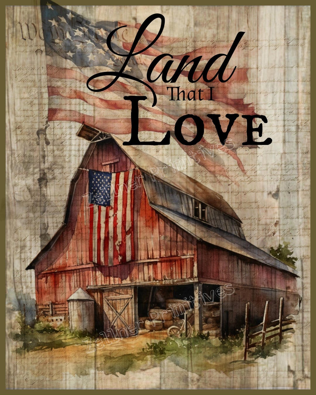 Primitive Patriotic Barn Print: Old Glory Americana Folk Art (11x14) - Etsy