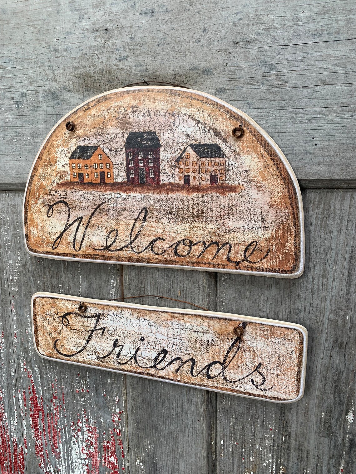 Welcome Friends Sign Set: Crackled Wood, Rustic Home Decor - Etsy