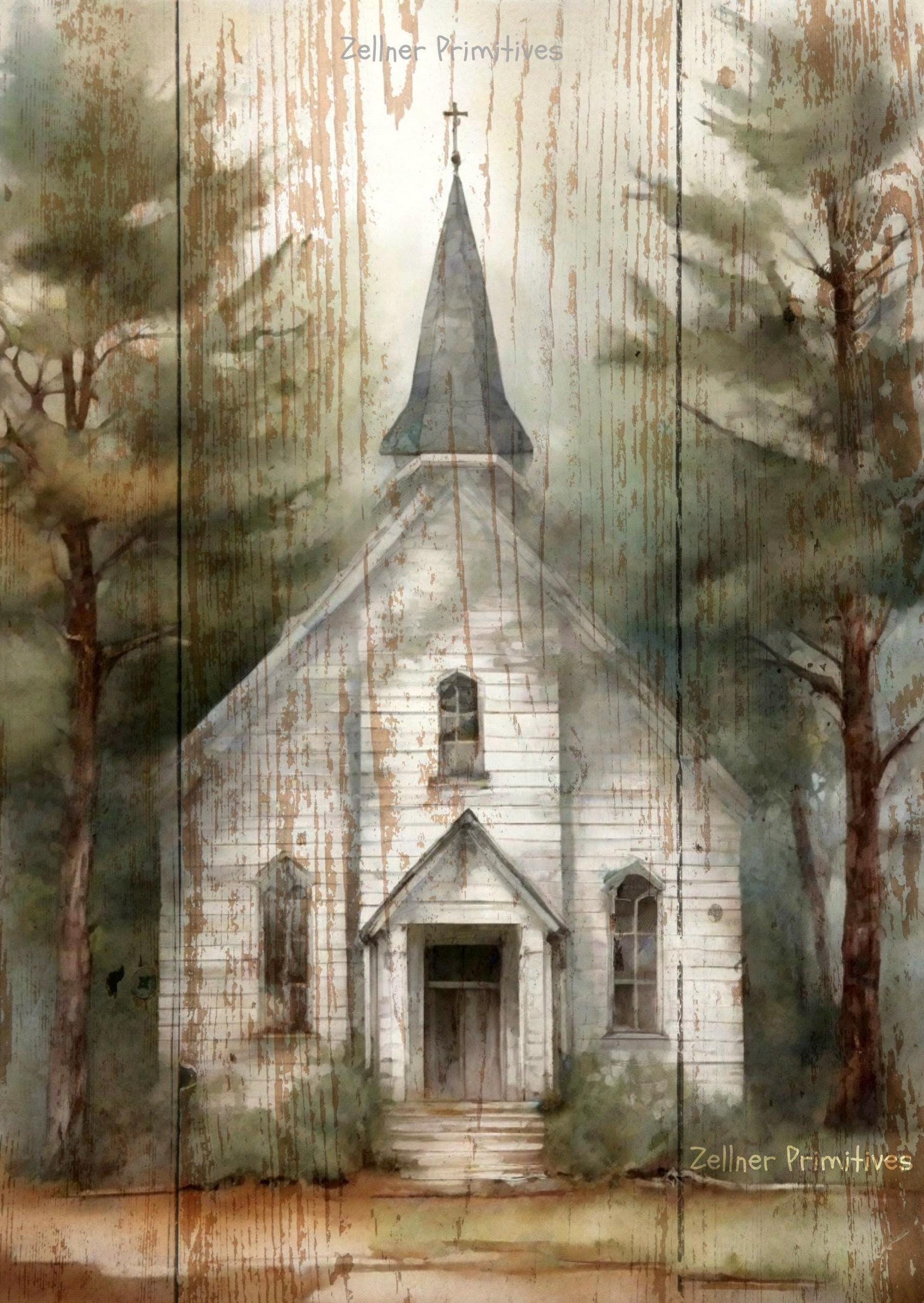 Rustic White Church Print: Vintage Christian Wall Decor (4x5, 5x7, 8x10 ...