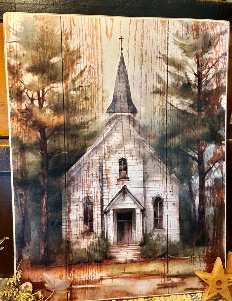 Rustic White Church Print: Vintage Christian Wall Decor (4x5, 5x7, 8x10 ...