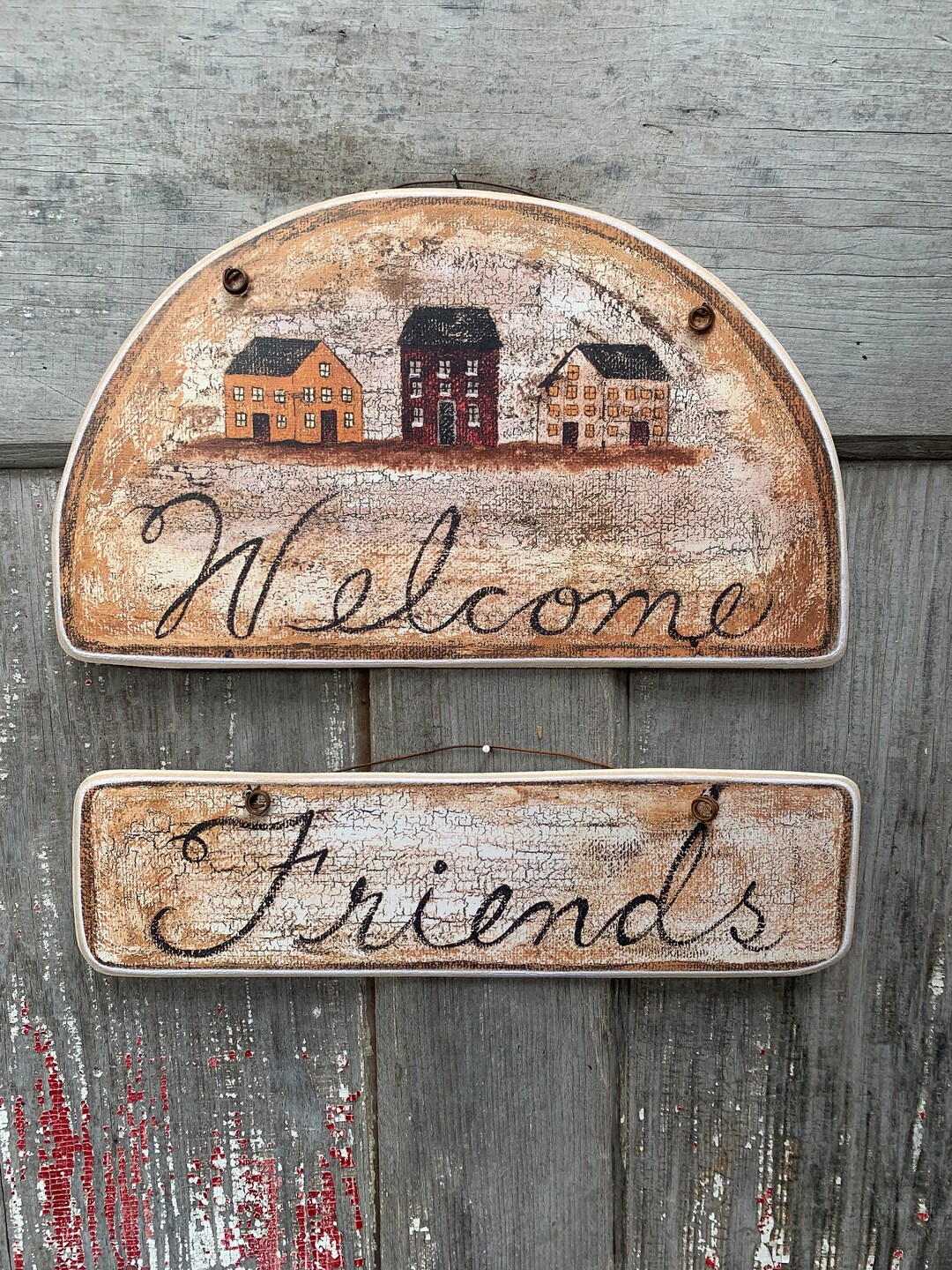Welcome Friends Sign Set: Crackled Wood, Rustic Home Decor - Etsy