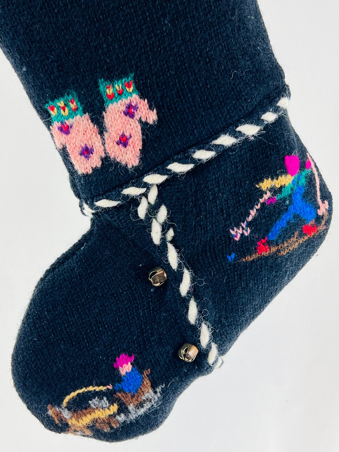 Black Christmas Stocking Wool Felt Skiers Mittens Tree Horse Drawn ...