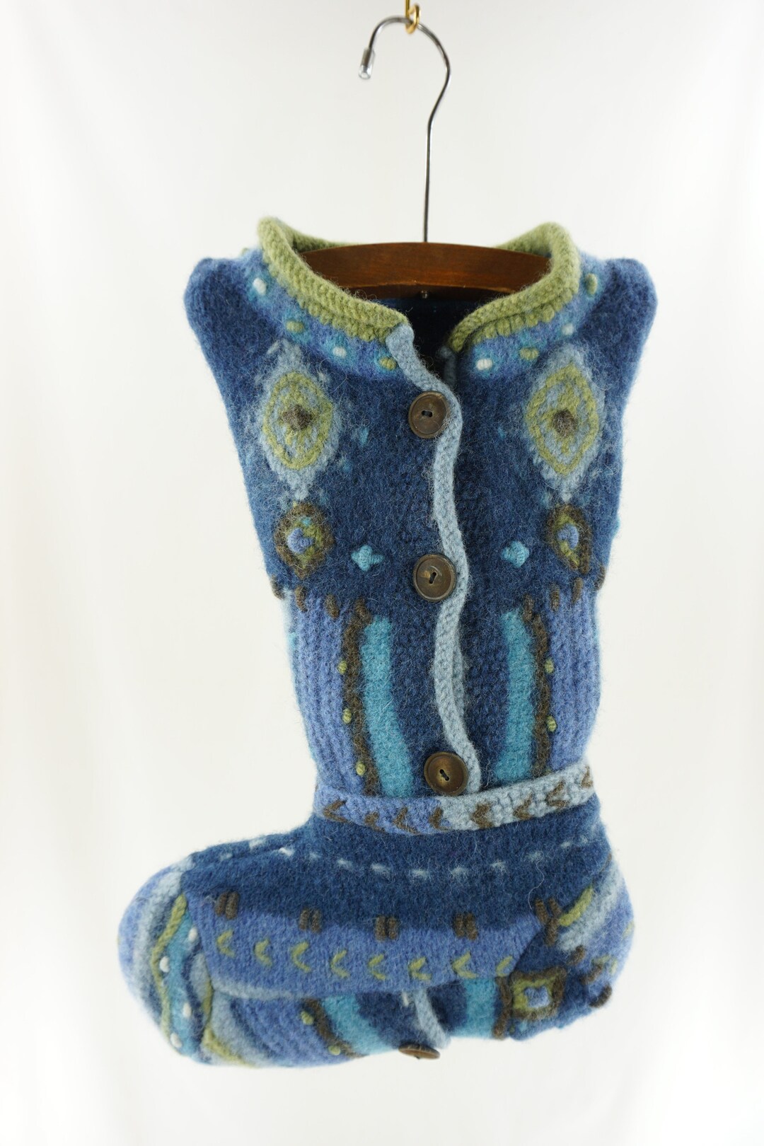Christmas Stocking Wool Nepal Repurposed Newari Sweater Blue Lime Green ...