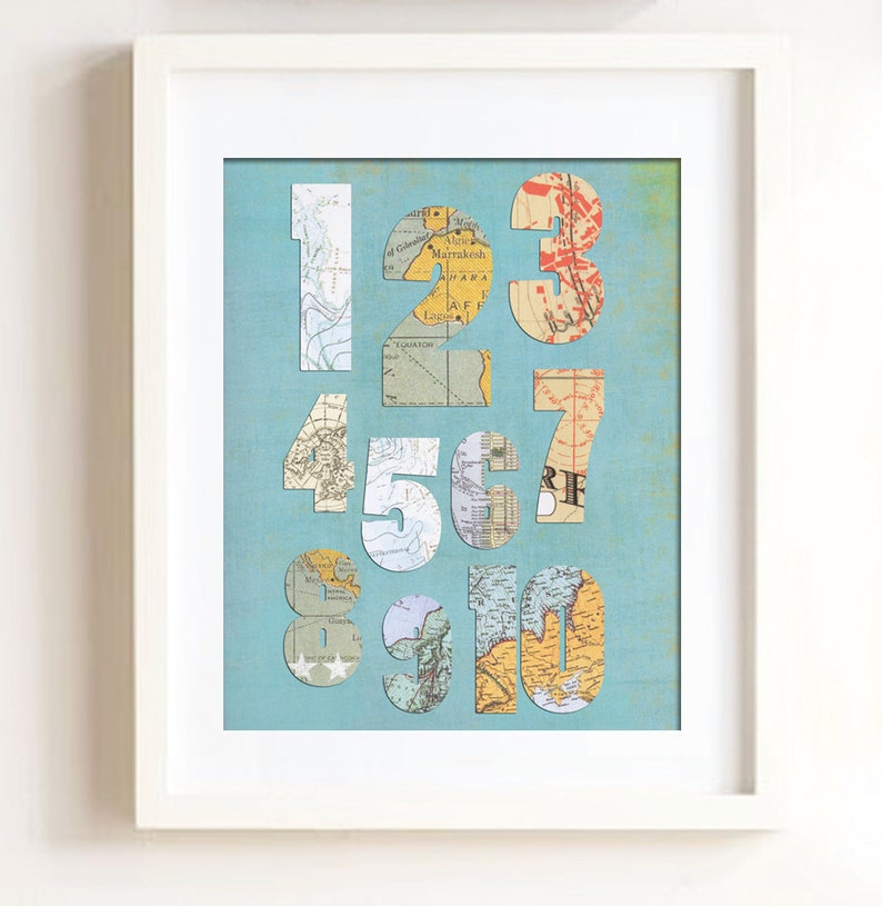 Printable Vintage Map Numbers nursery print art kid children | Etsy