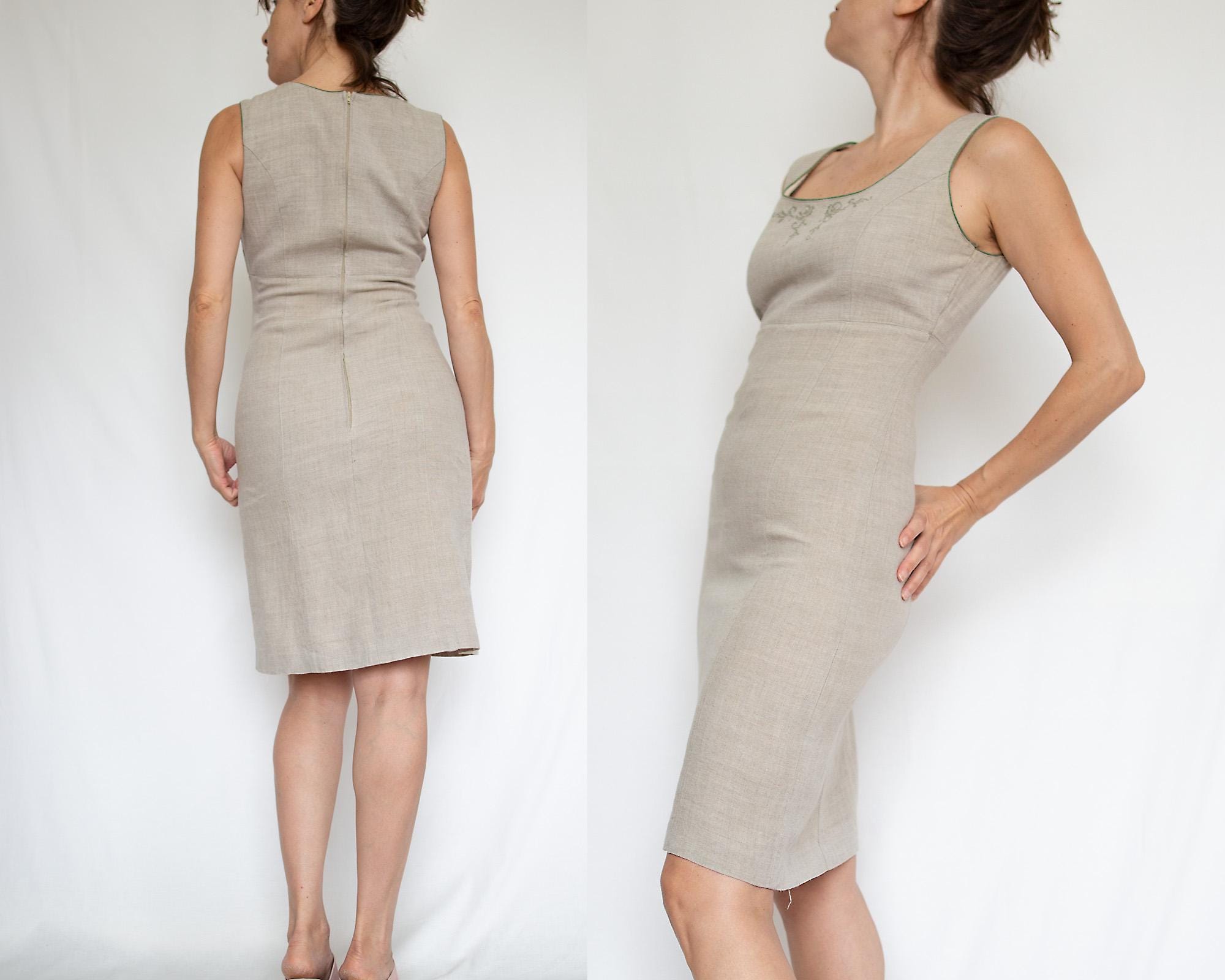 Vintage Linen Sheath Midi Dress With Square Neckline and Delicate Green ...