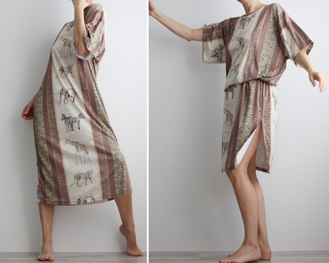 Vintage Animal Print With African Motives Maxi Oversized Half Sleeve ...