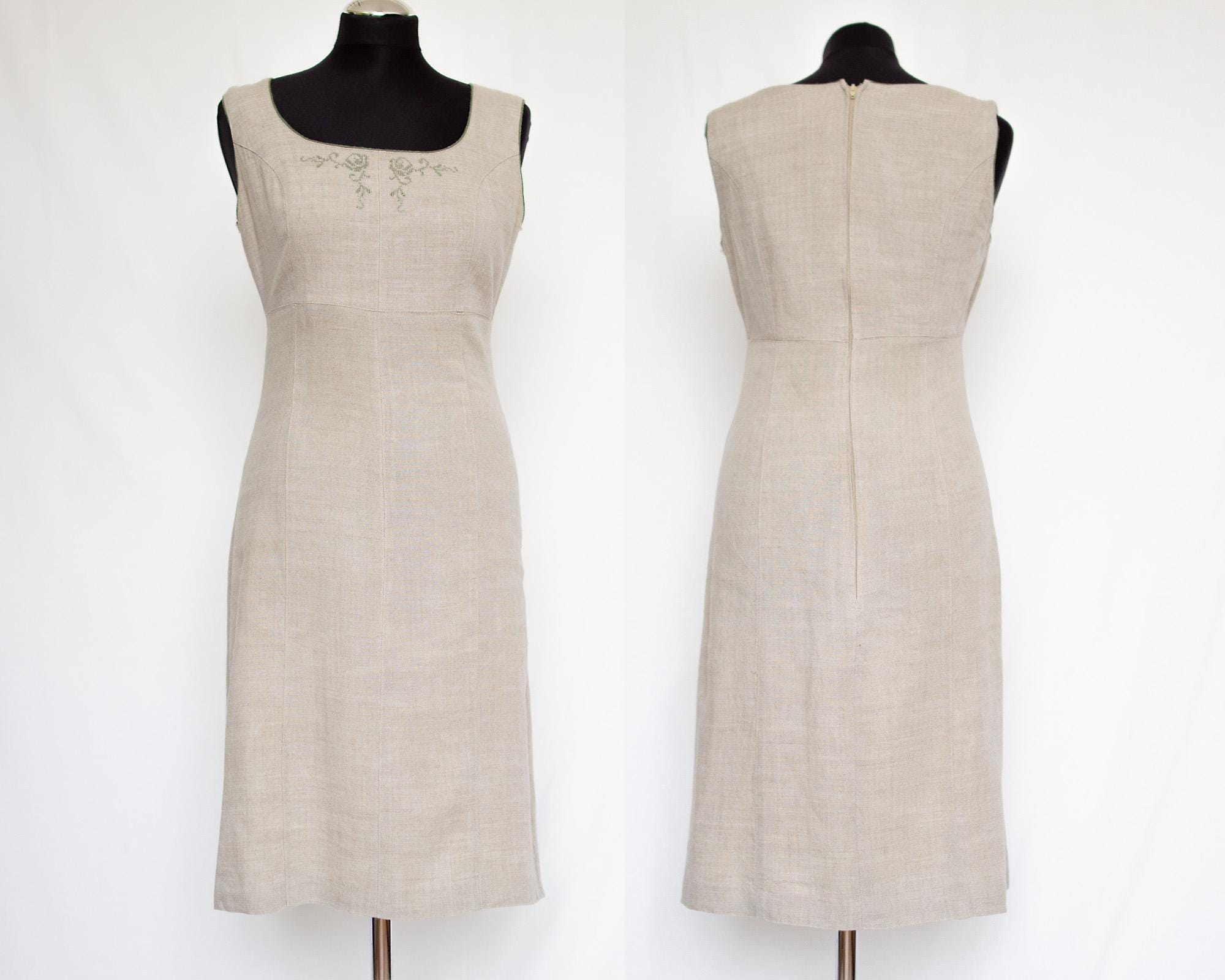 Vintage Linen Sheath Midi Dress With Square Neckline and Delicate Green ...