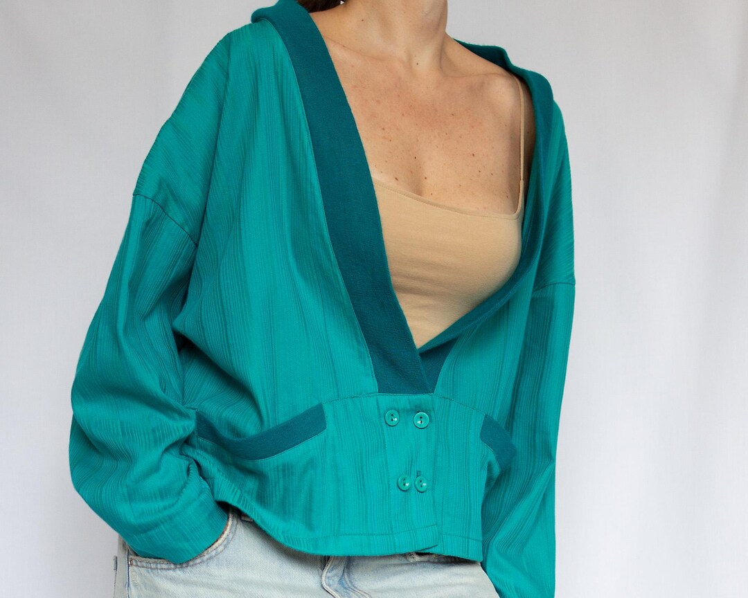Vintage Turquoise Teal Stripped Loose Cardigan With Deep V Neckline ...