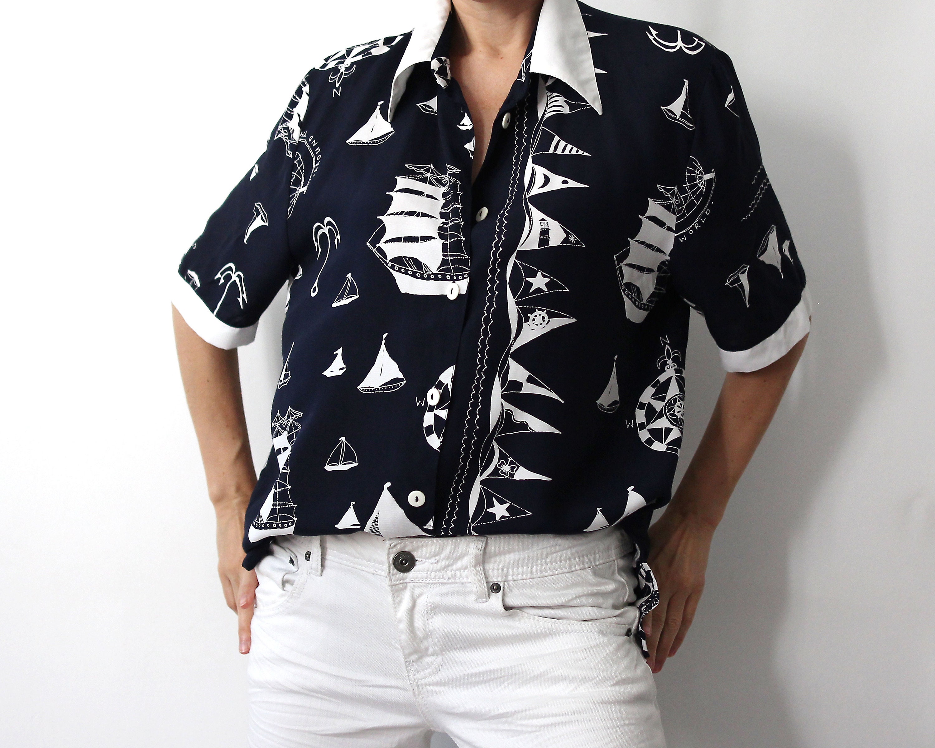 Nautical Sailor Themed Blue Short Sleeve White Collar Blouse / Top ...