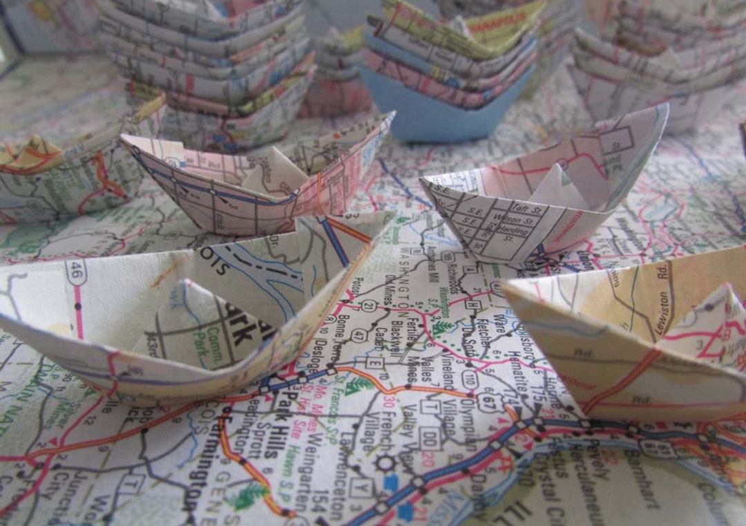 Paper Boat Origami 48 Boats Decoration Road Map Party Maps Sail Boat - Etsy