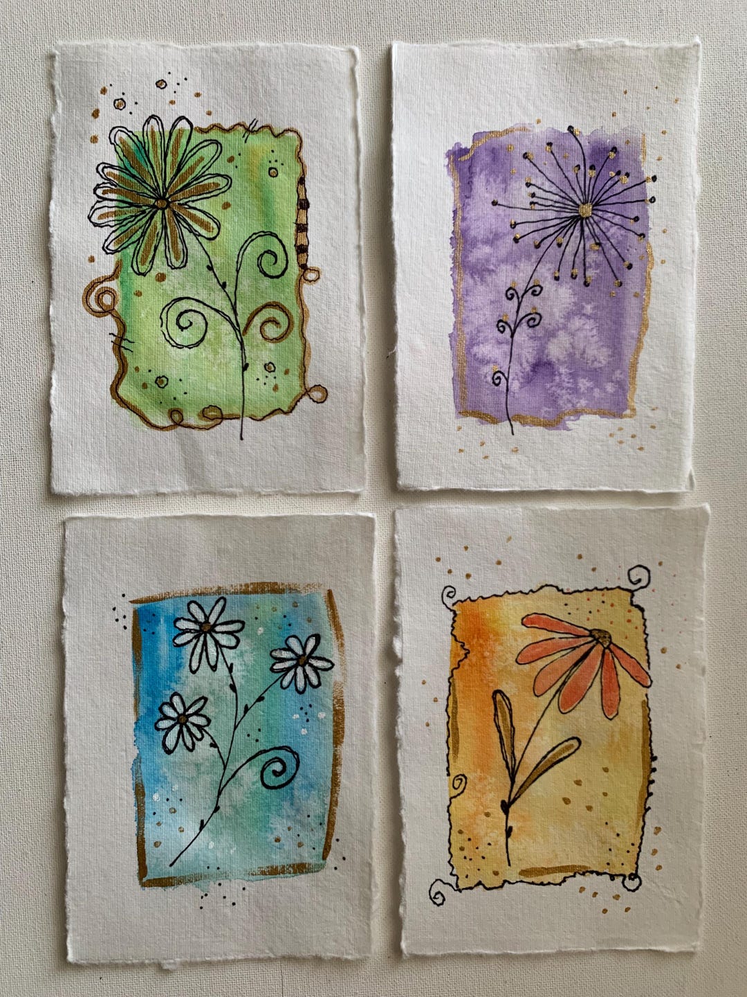 Set of 4 Handmade Watercolor Cards Whimsical Flowers Floral Doodles ...
