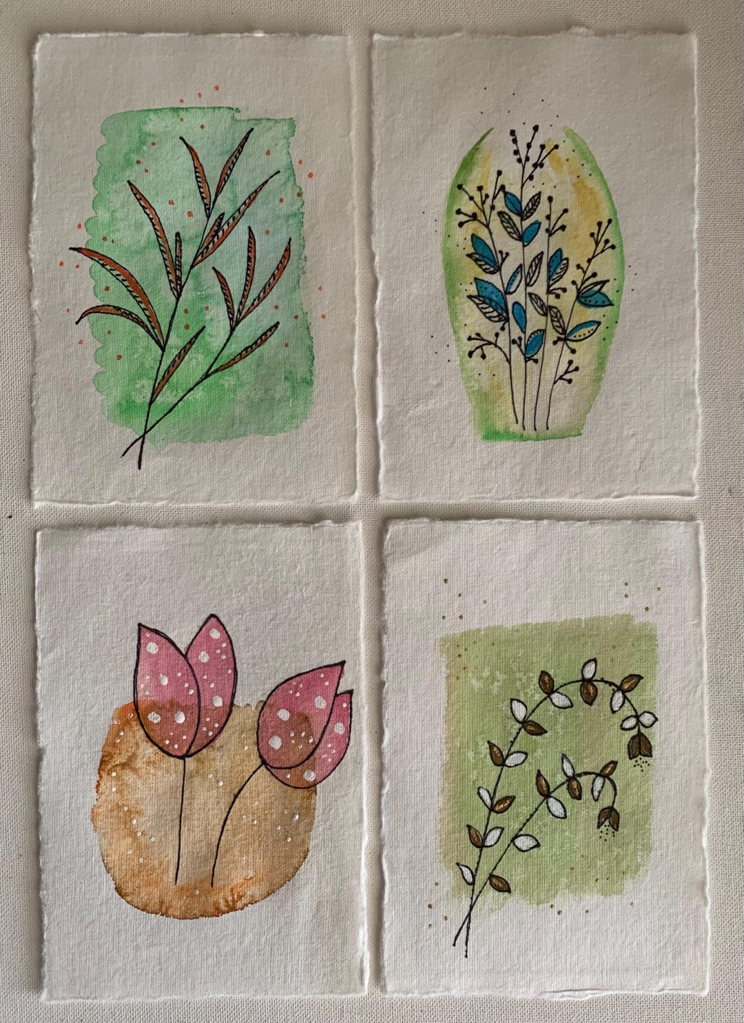 Set of 4 Handmade Watercolor Cards Whimsical Fall Floral Notecards ...