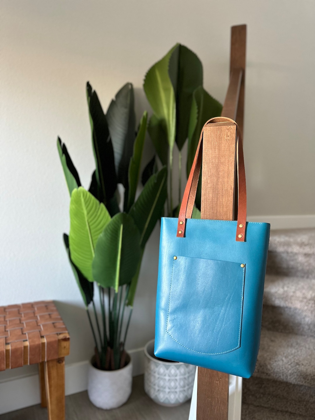 Mediterranean Blue Italian Leather Tote Bag - Etsy