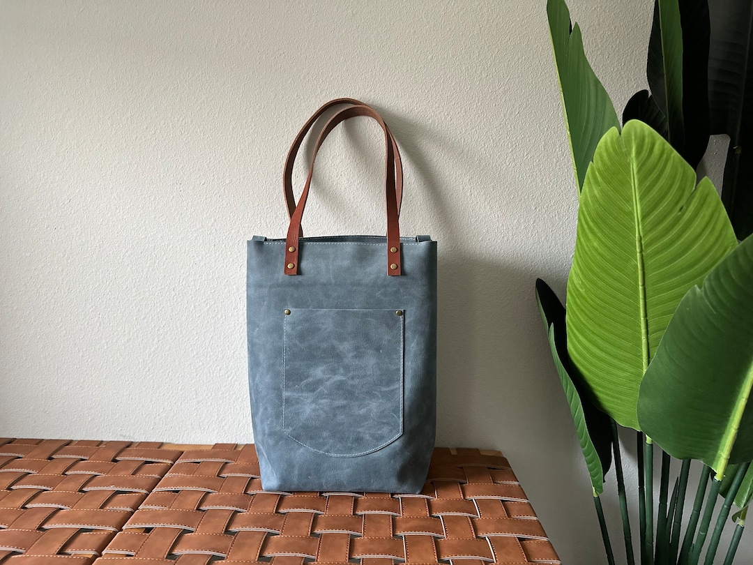 Tall Smoky Blue Buffalo Leather Tote Bag - Etsy