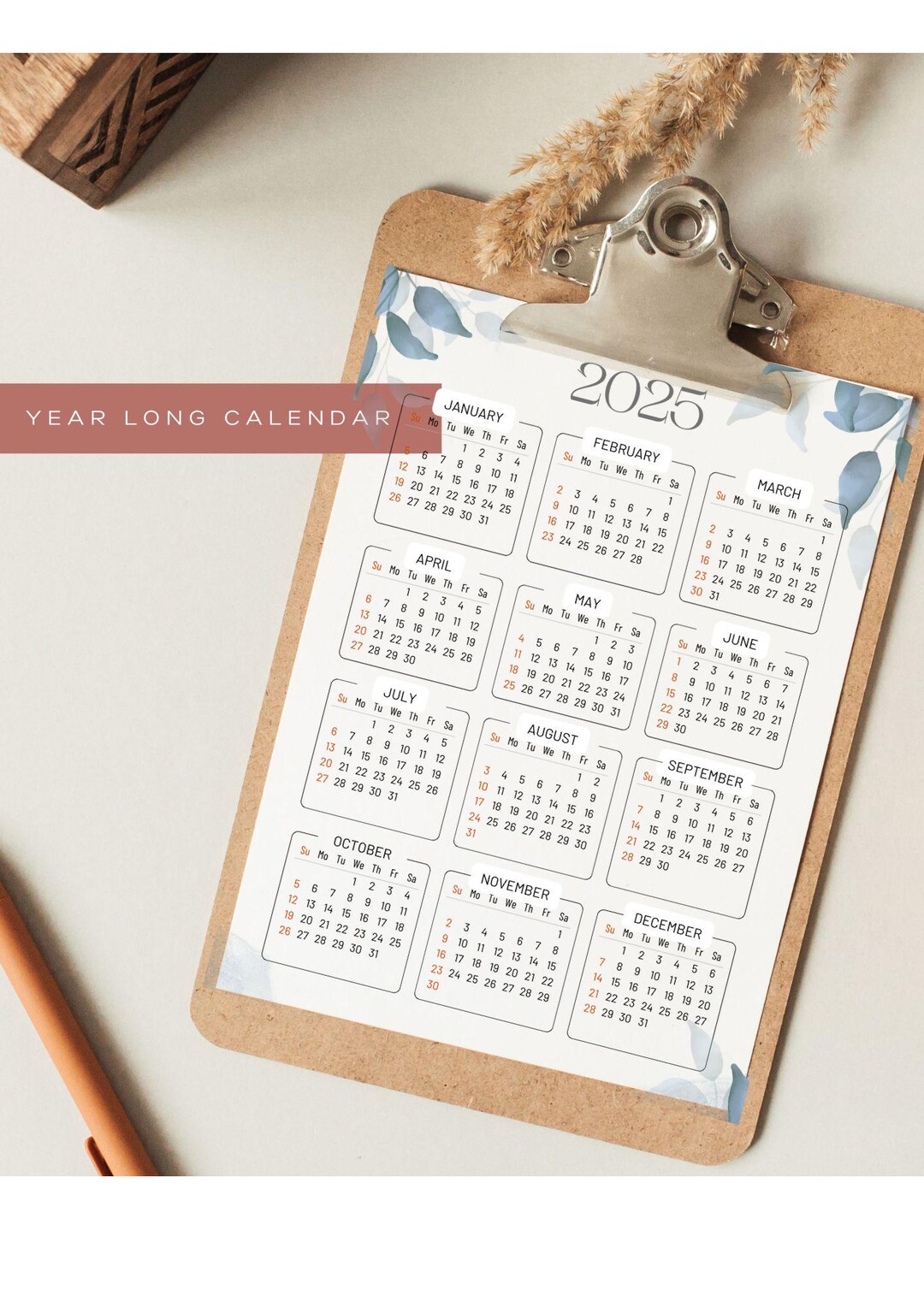 2025 Eucalyptus Calendar: Year at a Glance Printable (digital Download ...