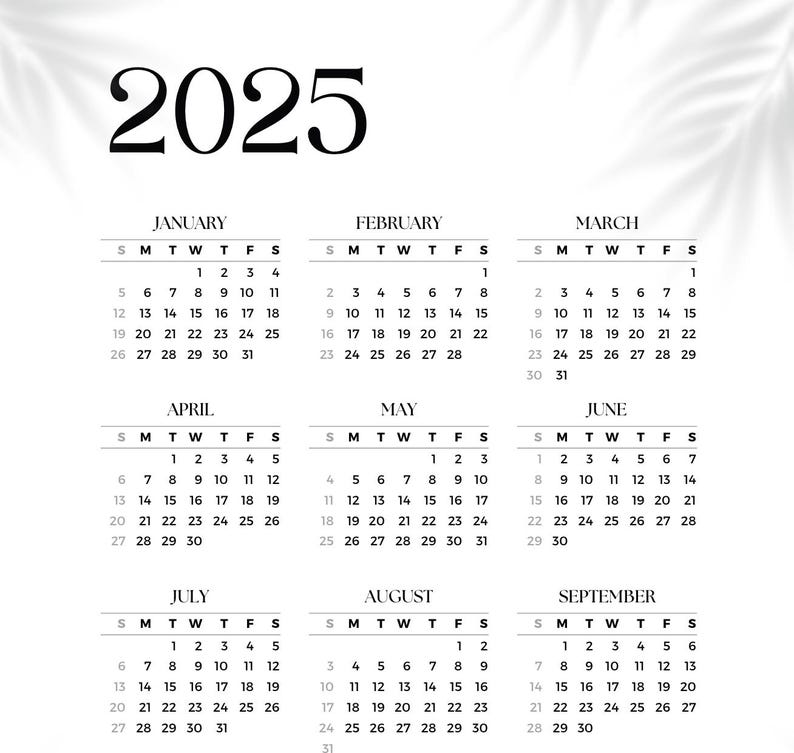 2025 Palm Leaf Printable Calendar: Yearly At-a-glance (digital Download ...