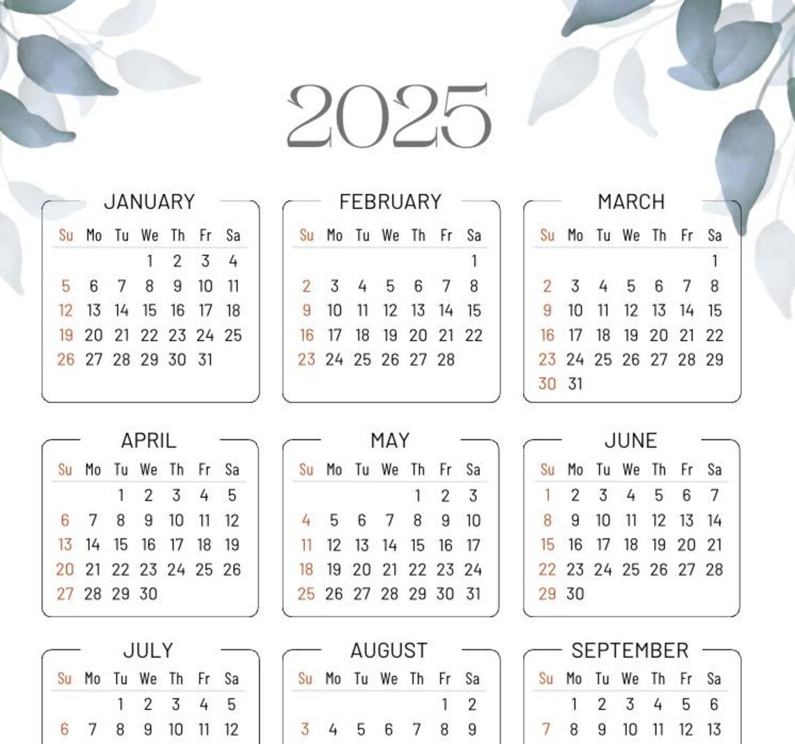 2025 Eucalyptus Calendar: Year at a Glance Printable (digital Download ...
