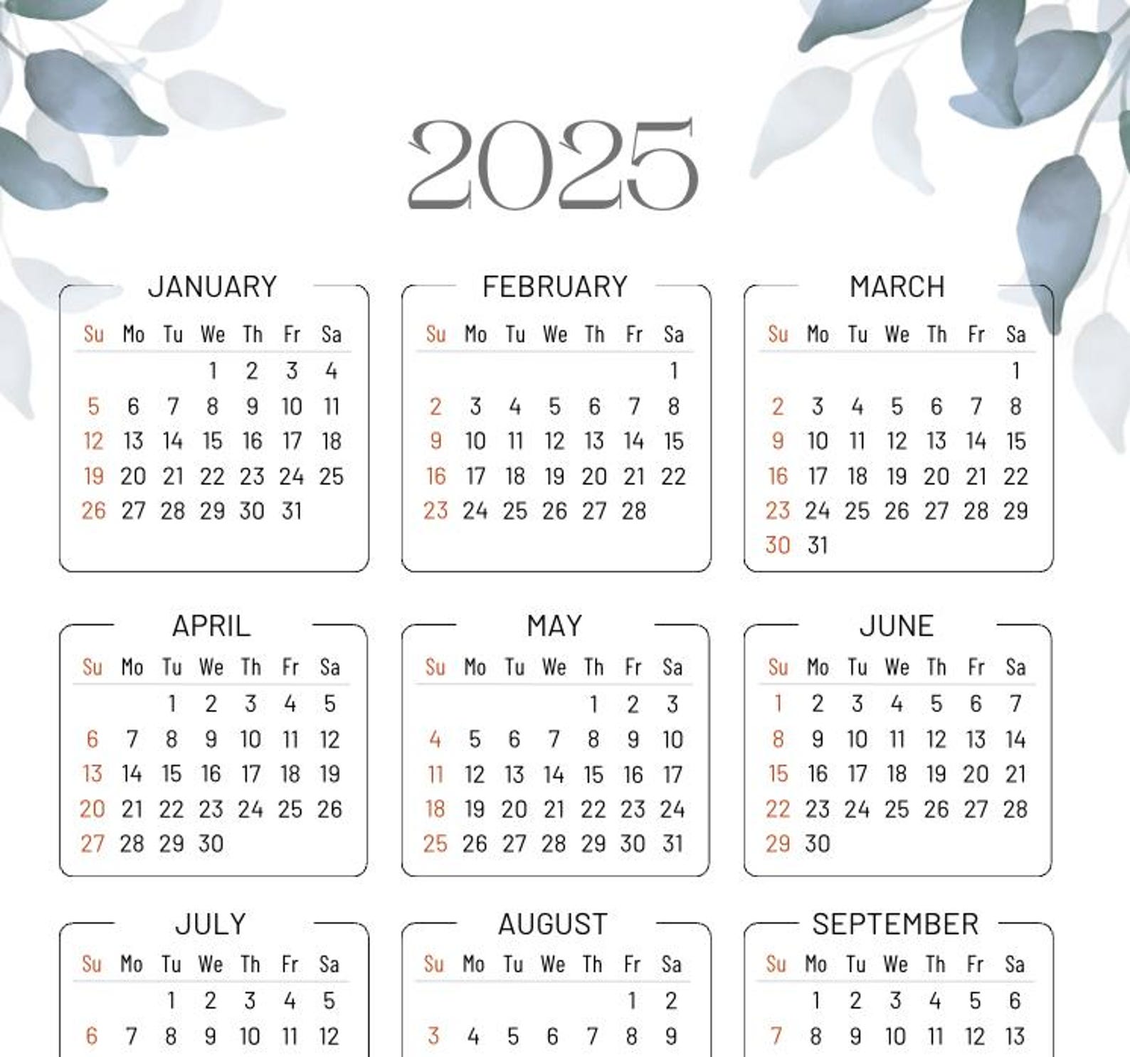 2025 Eucalyptus Calendar: Year at a Glance Printable (digital Download ...