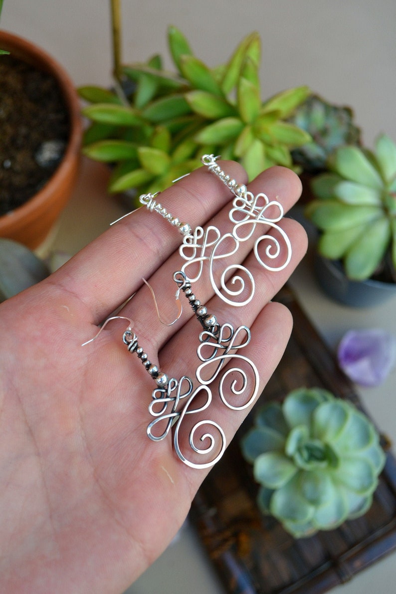 Silver Beaded Unalome Earrings. Silver Earrings. Wire Wrapped - Etsy