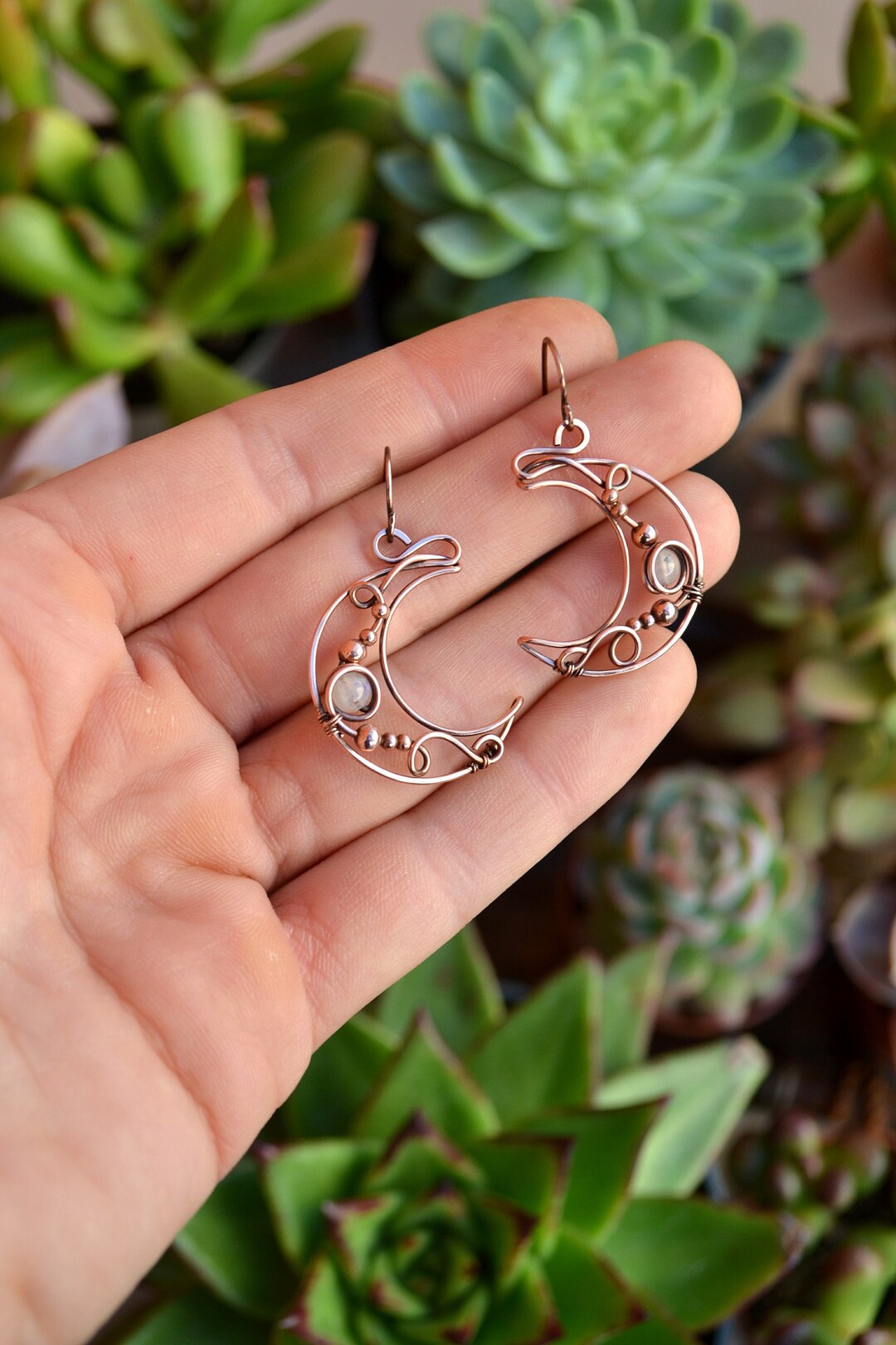 Swirly Copper Moon Earrings With Moonstone Crystals: Handmade Celestial ...