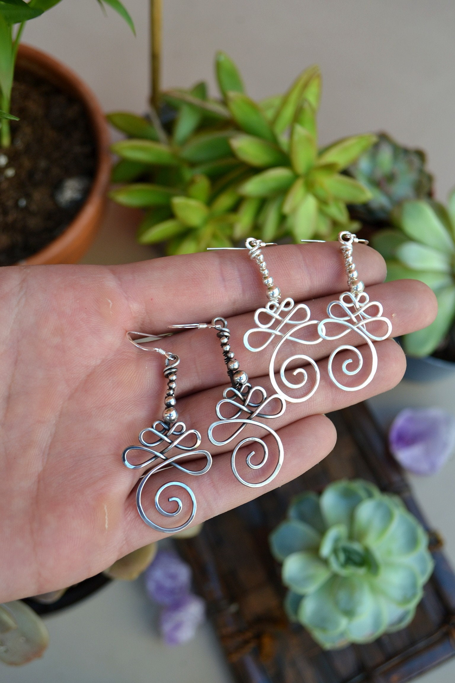 Silver Beaded Unalome Earrings. Silver Earrings. Wire Wrapped | Etsy