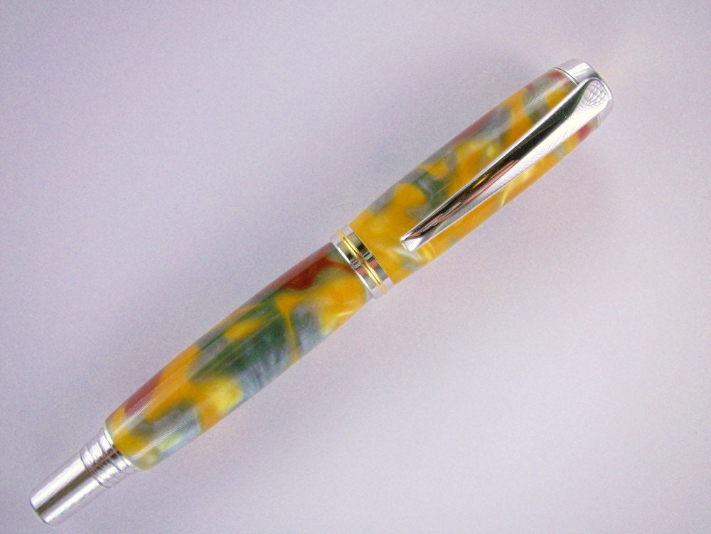 Hand Turned Acrylic Rollerball Pen Yellow and Gray Swirl Rhodium ...