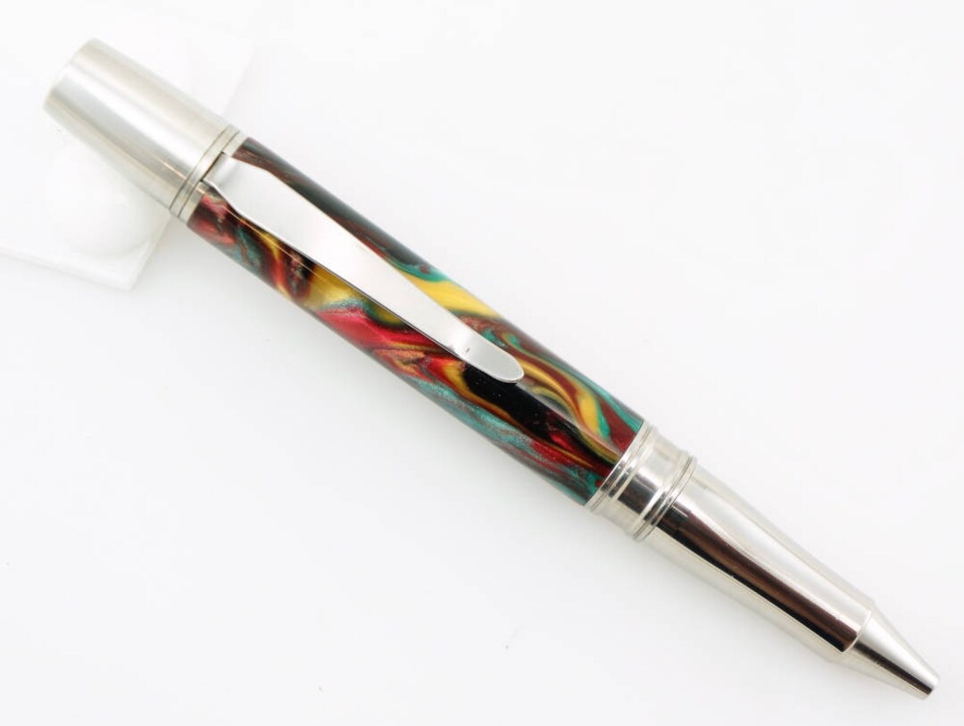 Custom Wooden Ba Pen - Green Yellow Red Swirls Acrylic Metal Fleck ...