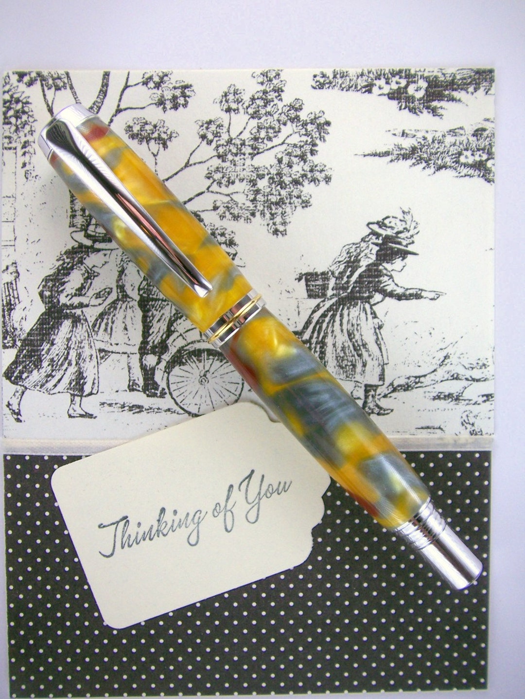 Hand Turned Acrylic Rollerball Pen - Yellow and Gray Swirl - Rhodium ...